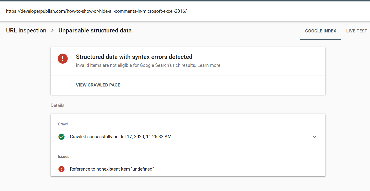 Fix for URL Is On Google, but has Issues - Developer Publish