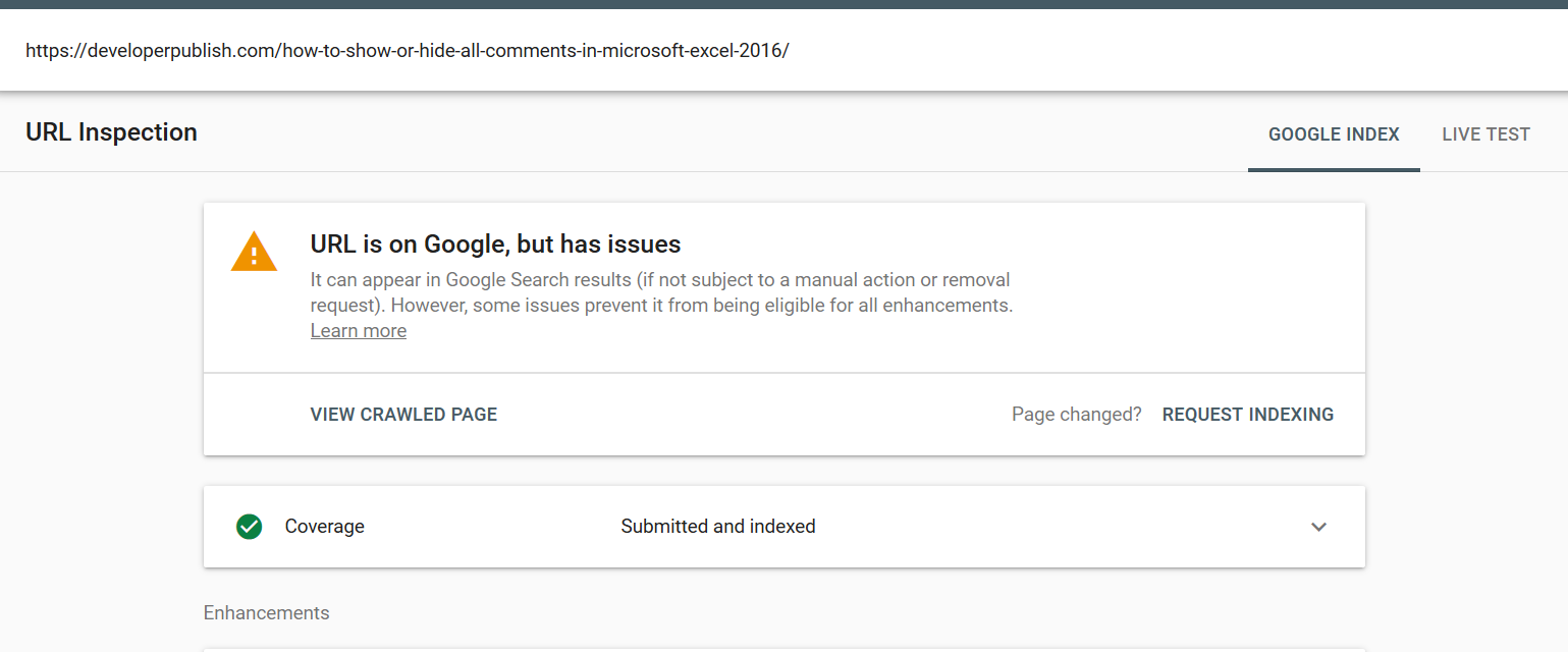 Fix for URL Is On Google, but has Issues - Developer Publish