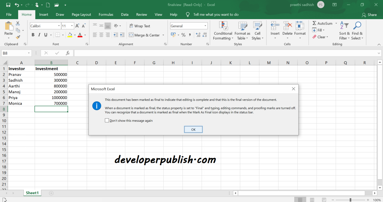 Mark as Final in Microsoft Excel - Developer Publish