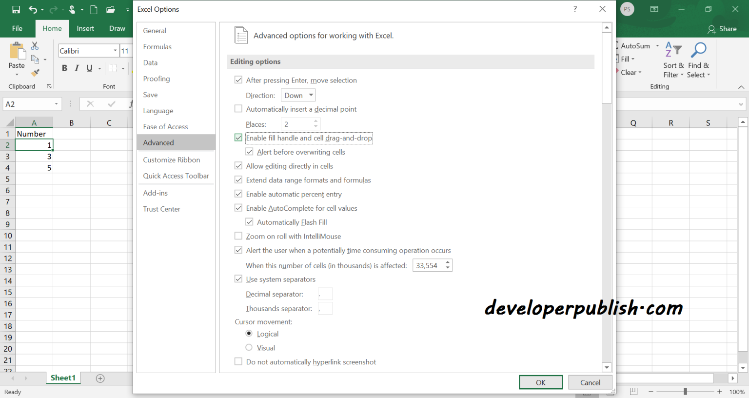 Enable fill handle and cell drag-and-drop in Excel | Excel Tutorials