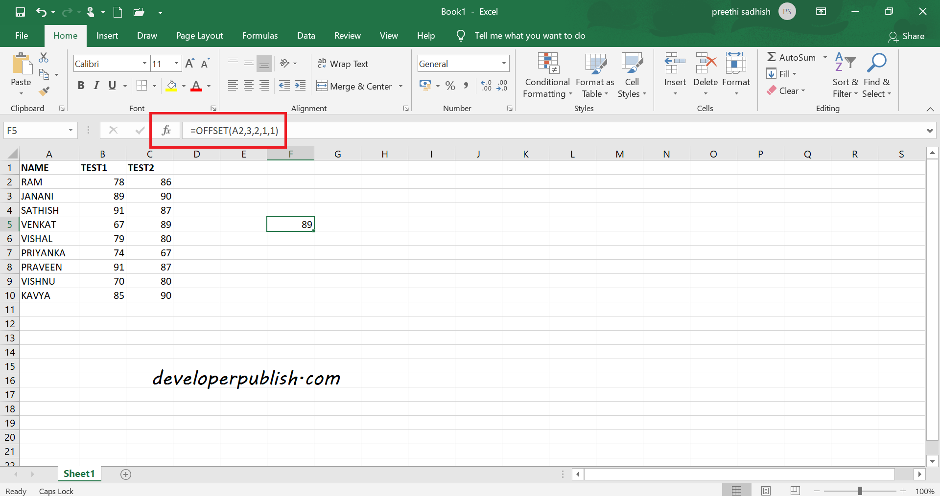 Offset Function in Microsoft Excel - Developer Publish
