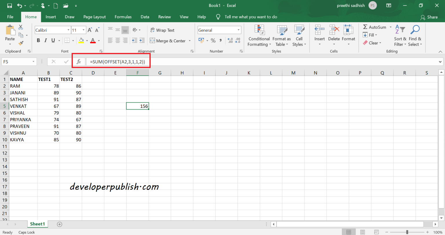 Offset Function in Microsoft Excel - Developer Publish
