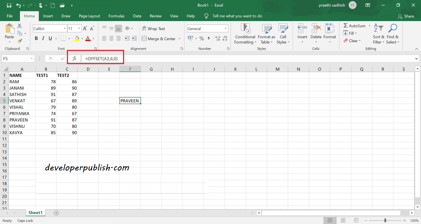 Offset Function in Microsoft Excel - Developer Publish
