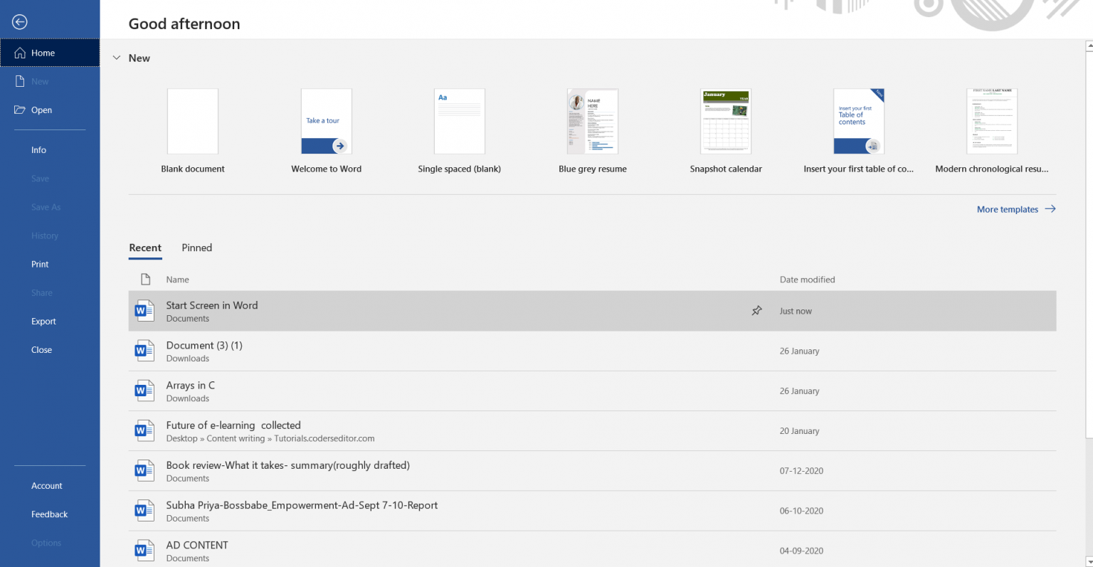 Start Screen in Microsoft Word - Developer Publish Tutorials