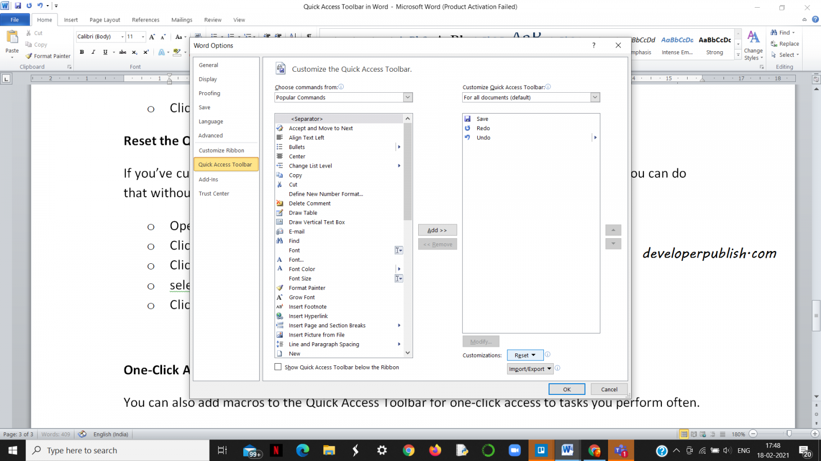 Quick Access Toolbar in Word - Developer Publish Tutorials