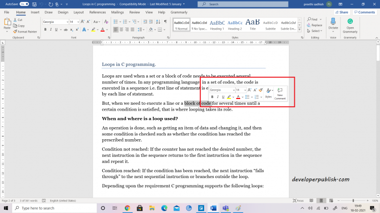 Mini Toolbar in Microsoft Word - Developer Publish Tutorials