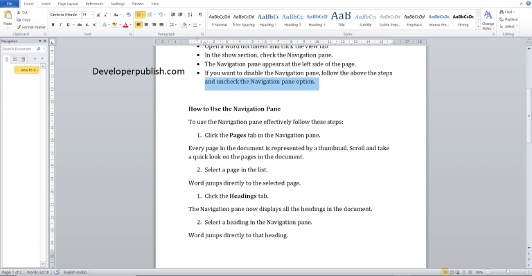 Navigation Pane in Microsoft Word - Developer Publish