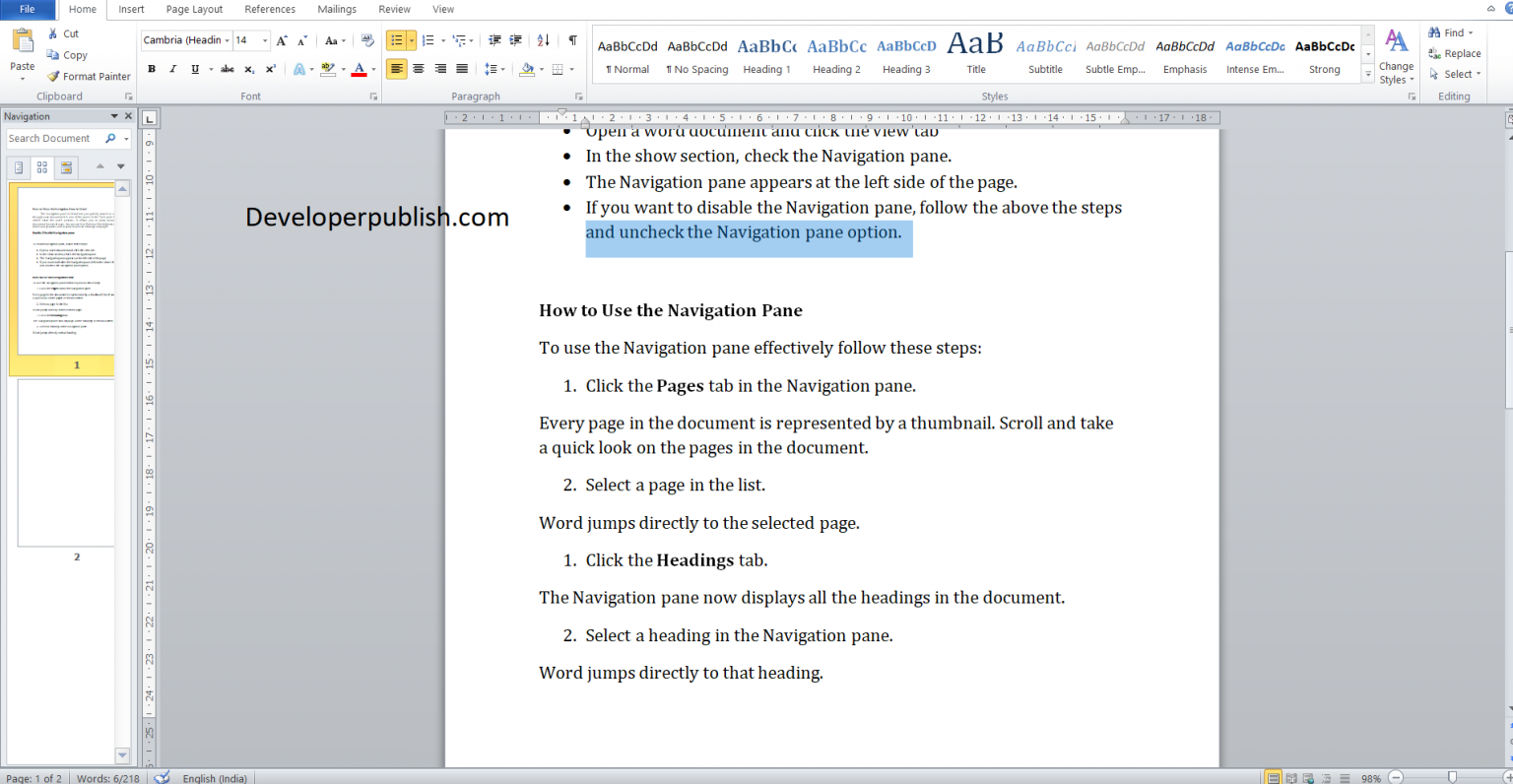 Navigation Pane in Microsoft Word - Developer Publish