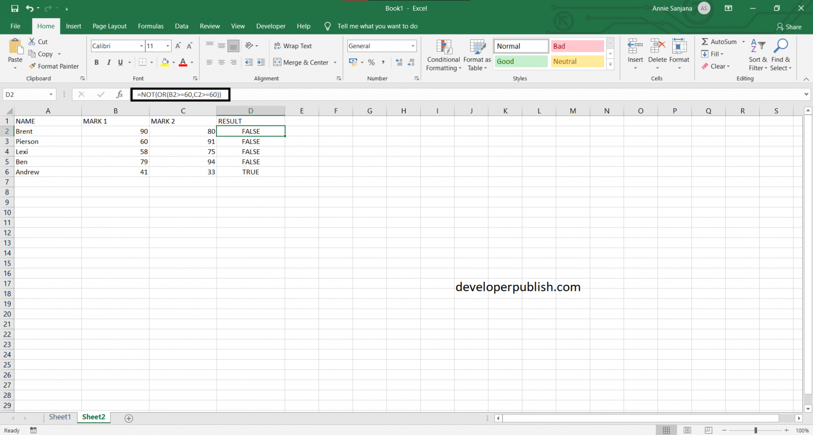 Logical Functions in Excel - Developer Publish Excel Tutorials