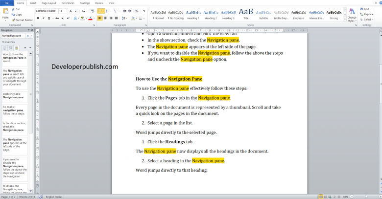 Navigation Pane in Microsoft Word - Developer Publish