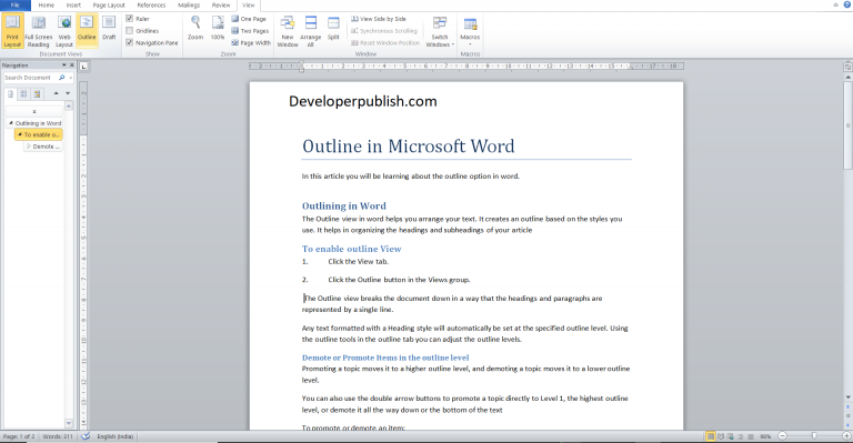 Outline in Microsoft Word - Developer Publish Tutorials