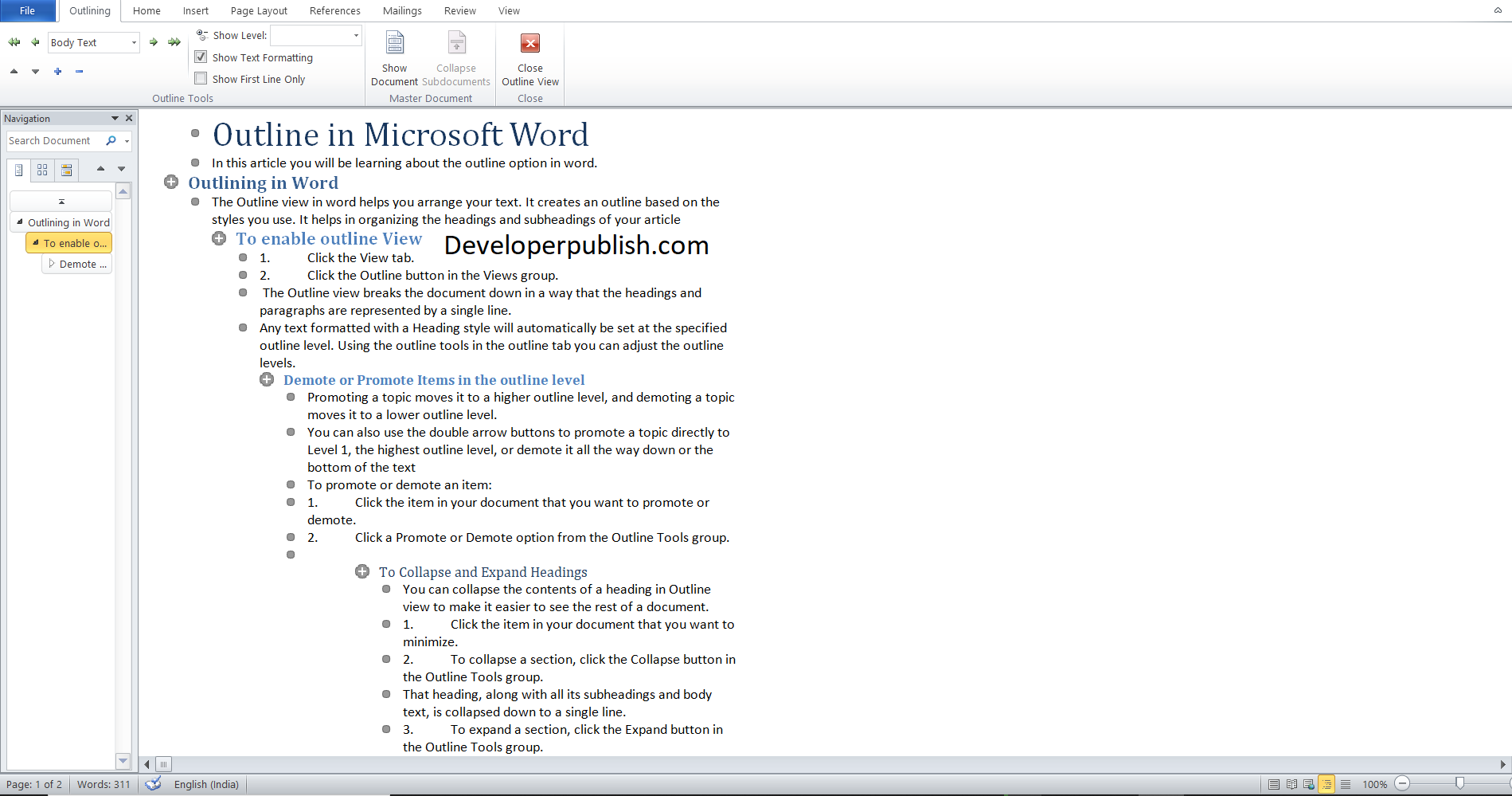 Outline In Microsoft Word Developer Publish Tutorials