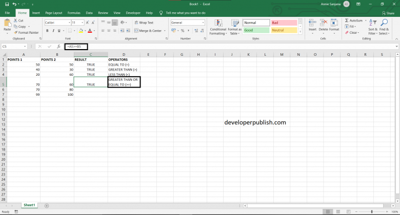 Comparison Operators in Microsoft Excel - Developer Publish