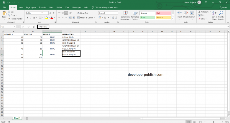 Comparison Operators in Microsoft Excel - Developer Publish