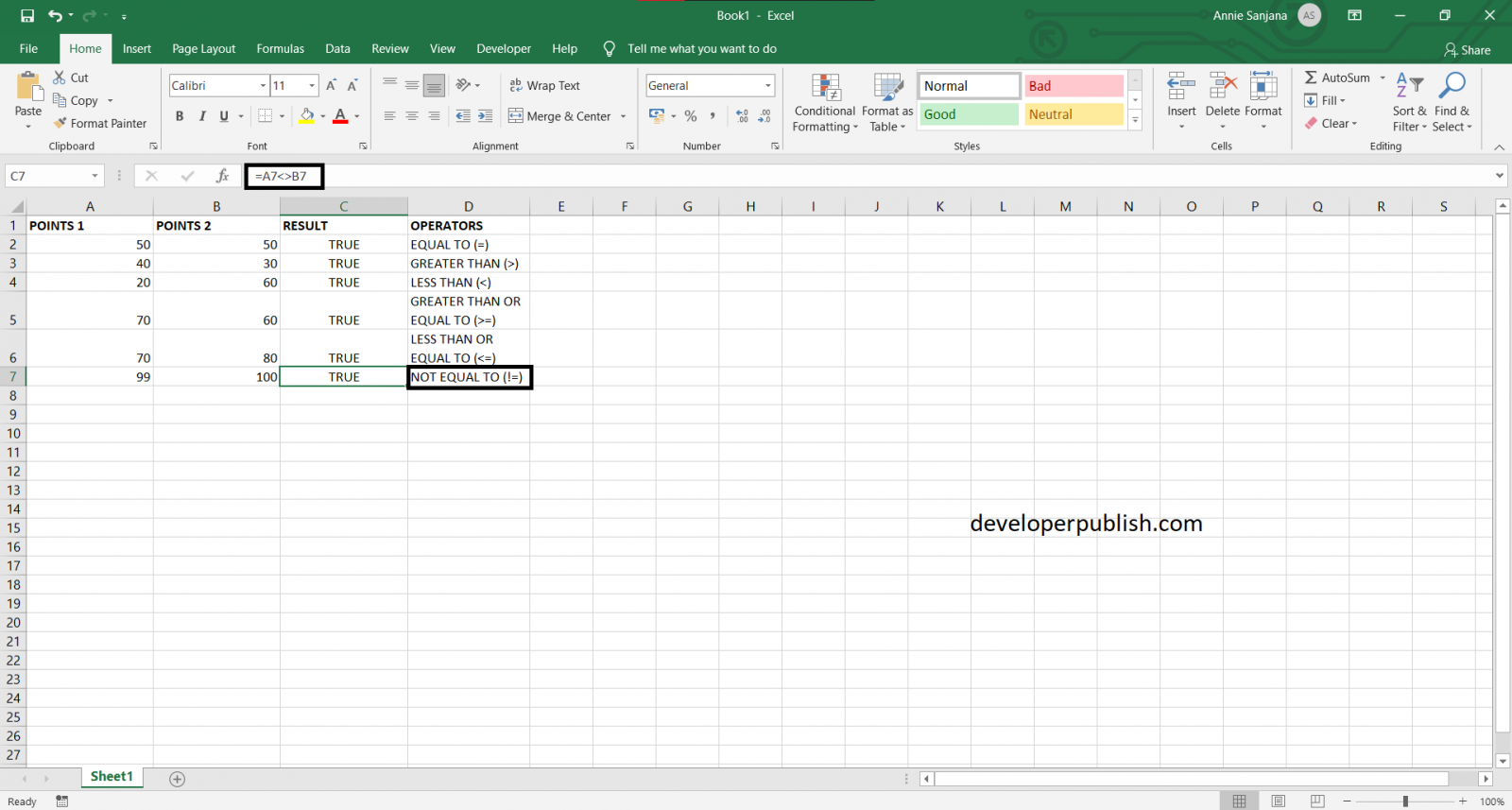 Comparison Operators in Microsoft Excel - Developer Publish