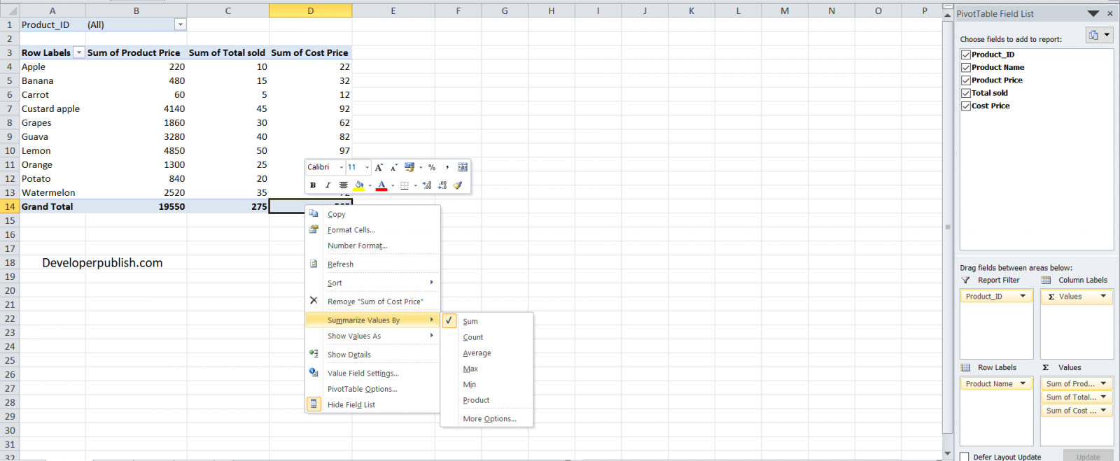 Summarizing Pivot Table Data In Excel Developer Publish