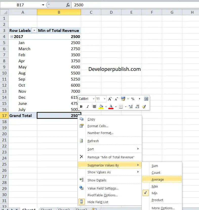 Summarize By Average In Excel Pivot Table Developer Publish