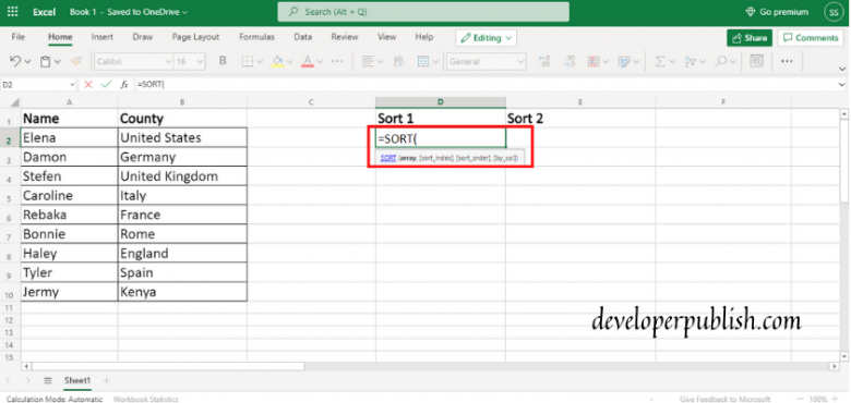 SORT Function In Excel - Developer Publish