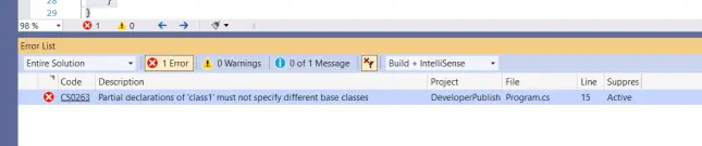 C Error Cs0263 Partial Declarations Of Type Must Not Specify Different Base