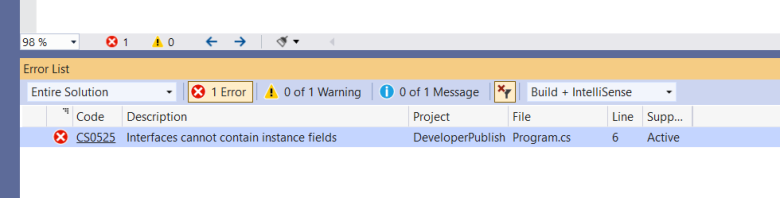 C# Error CS0525 - Interfaces cannot contain fields