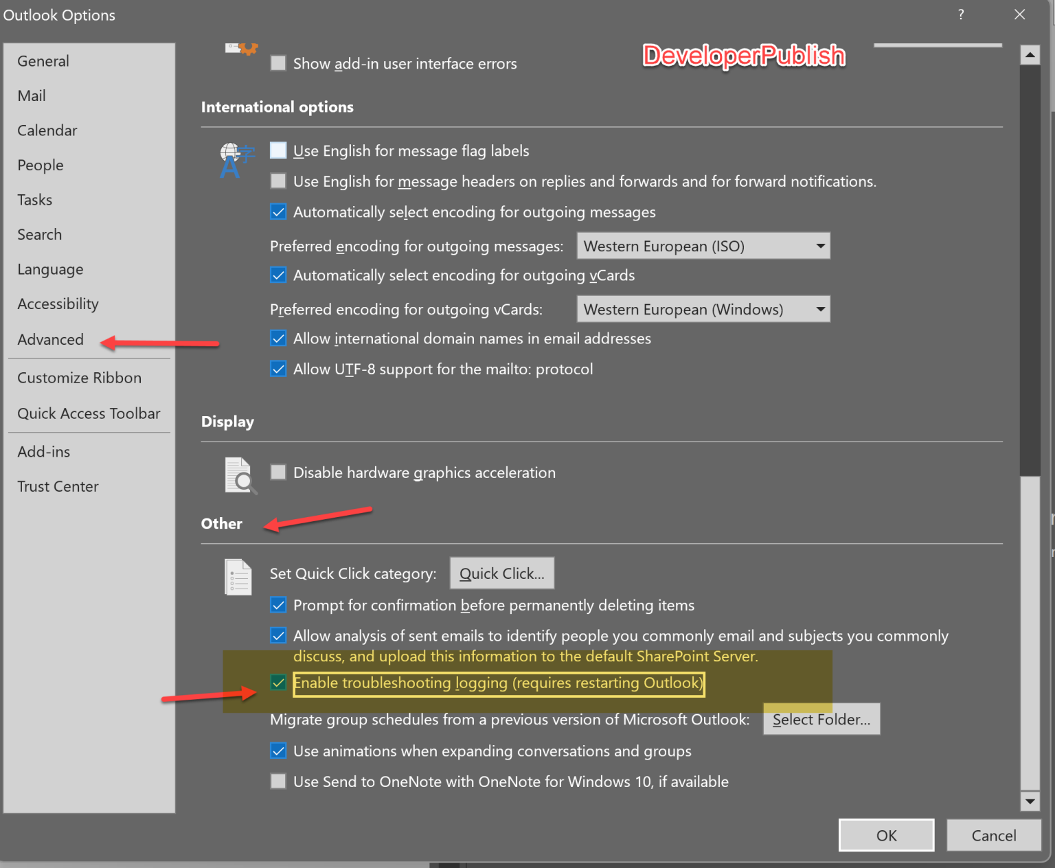 How to Turn On or Off Microsoft Outlook Logging?