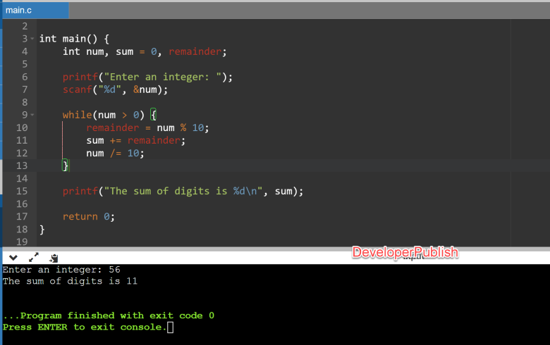 C Program to Find Sum of Digits of a Number