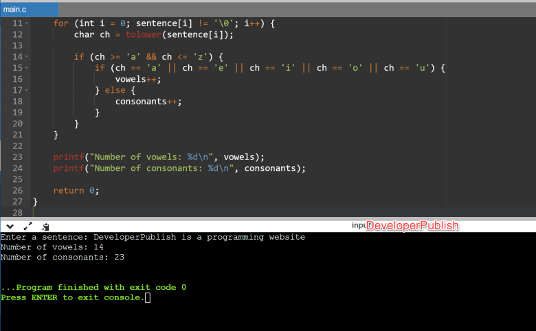 C Program to Count the Number of Vowels and Consonants in a Sentence