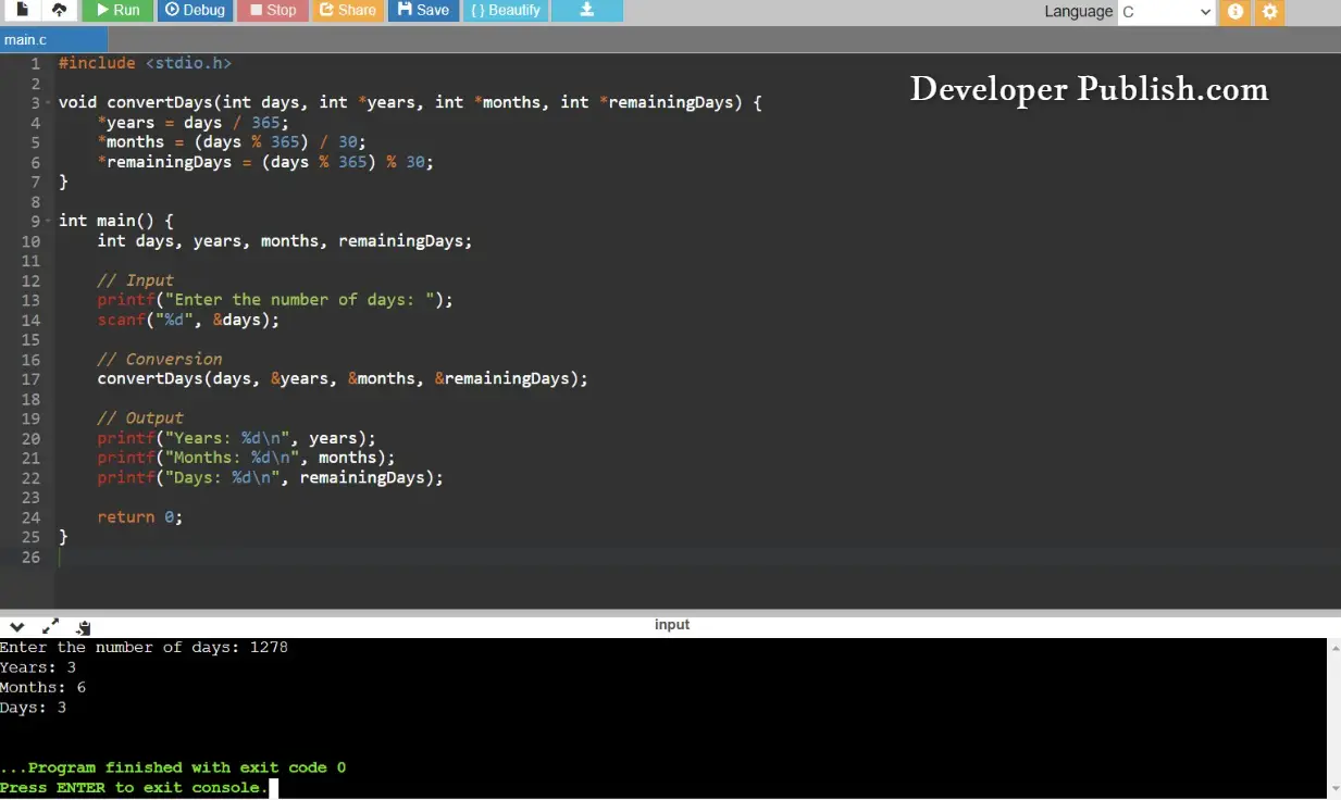 C Program To Convert Days Into Years Months And Days