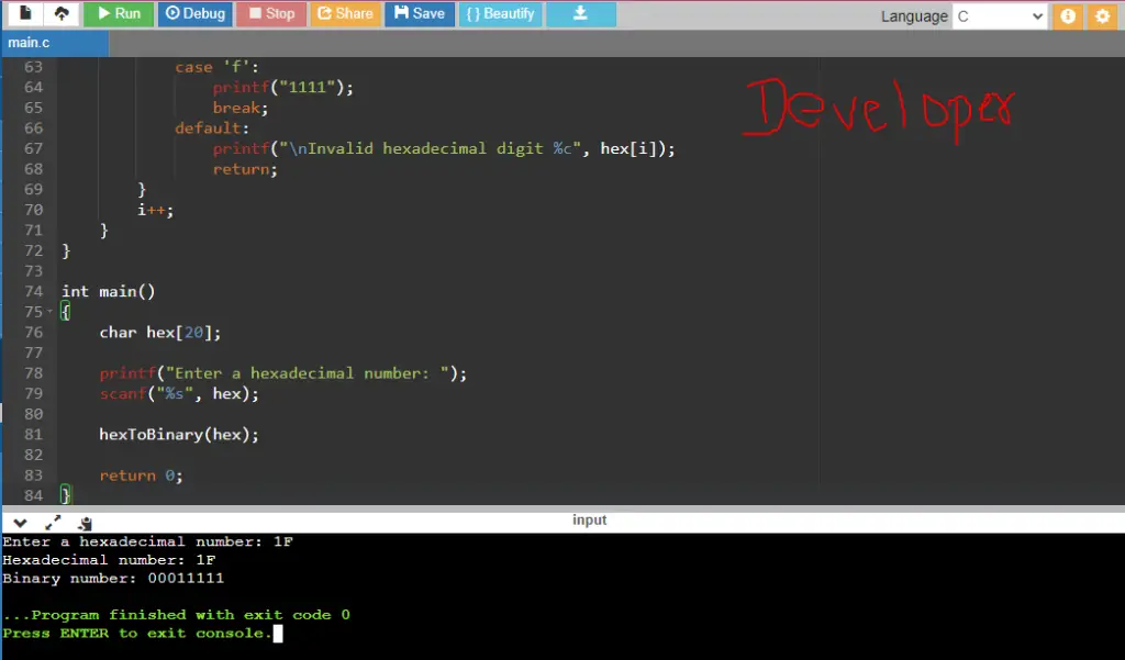 C Program To Convert Hexadecimal Number To Binary