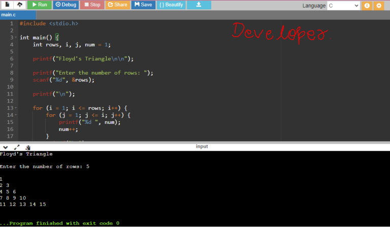 C Program to Print Floyd’s Triangle