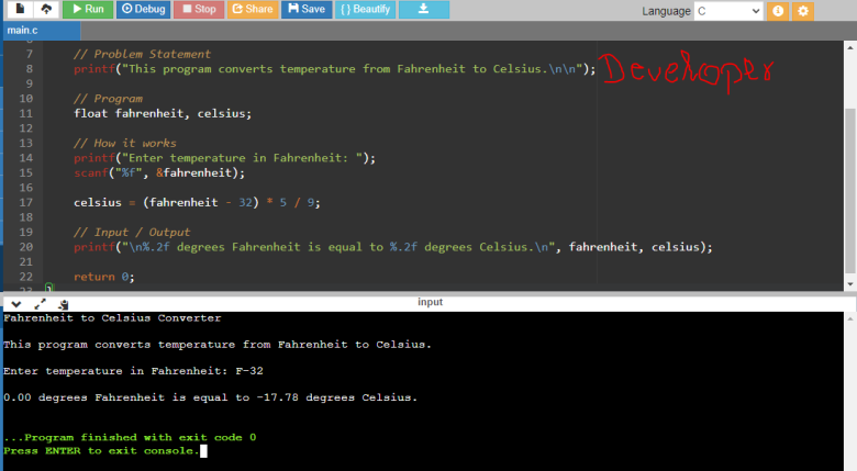 C program to Convert Fahrenheit to Celsius