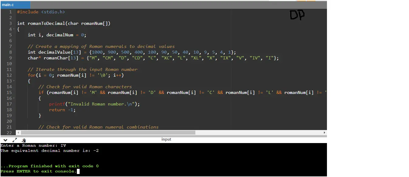 C Program To Convert Roman Number To Decimal Number