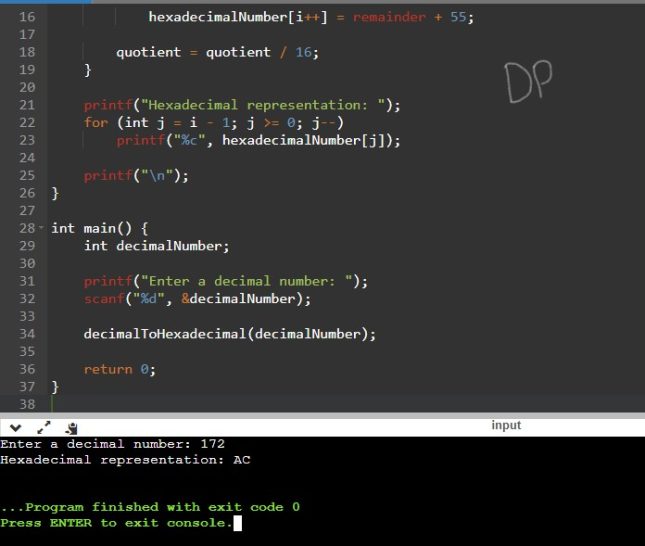 C program to Convert Decimal to Hexadecimal