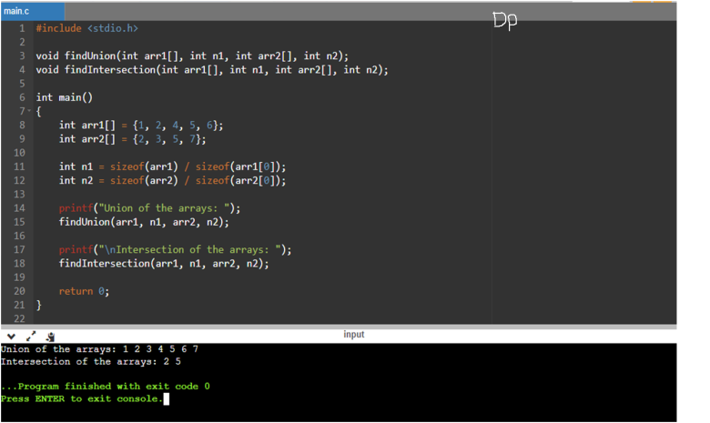 C Program to Find Union and Intersection of Two Arrays