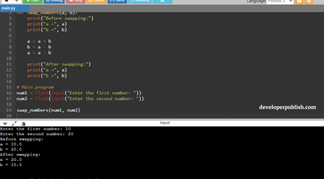 Python Program to Swap Two Numbers without using Third Variable