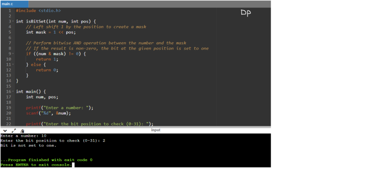 C Program to Check if Bit Position is Set to One or not