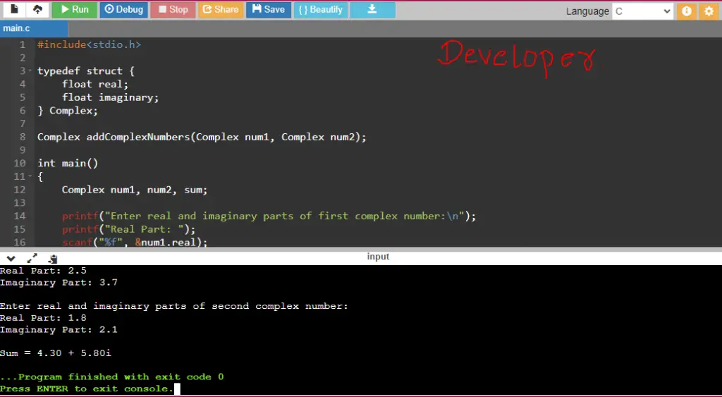 C Program To Add Two Complex Numbers