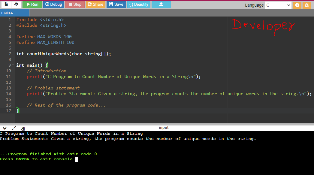 C Program to Count Number of Unique Words in a String