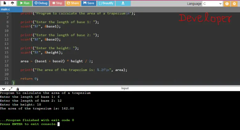 C Program to Find Area of Trapezium C Program to Find Area of Trapezium