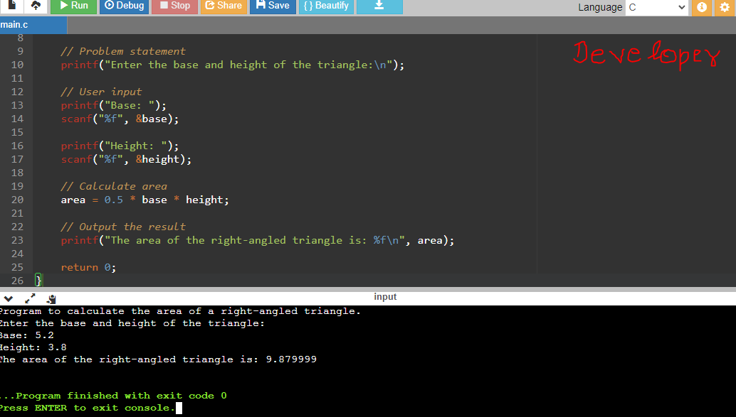 C Program to Find Area of a Right Angled Triangle
