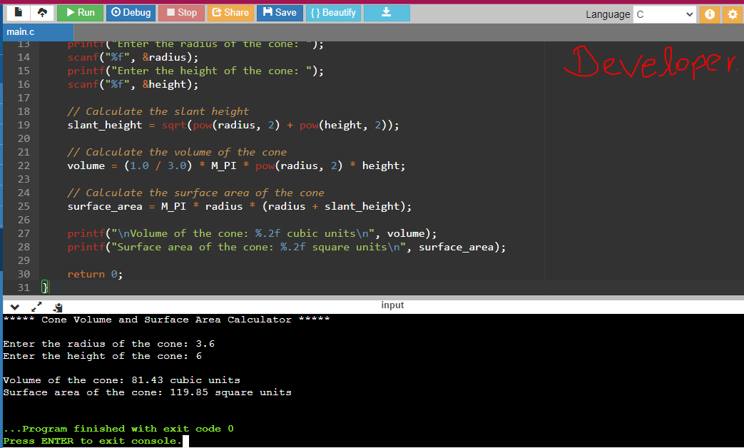 C Program to Find Volume and Surface Area of Cone