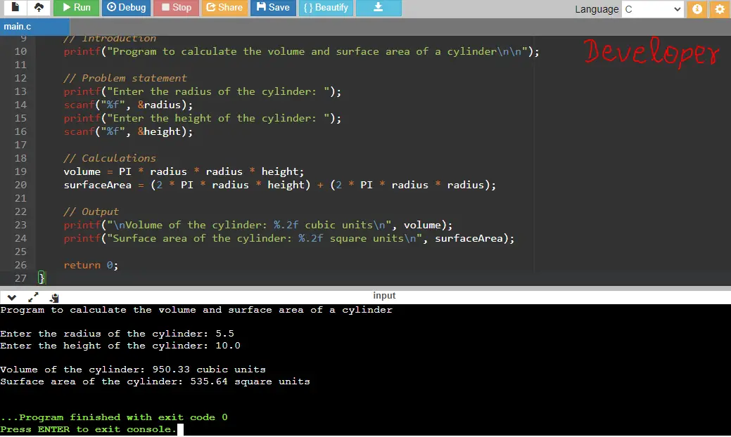 C Program To Find Volume And Surface Area Of Cylinder
