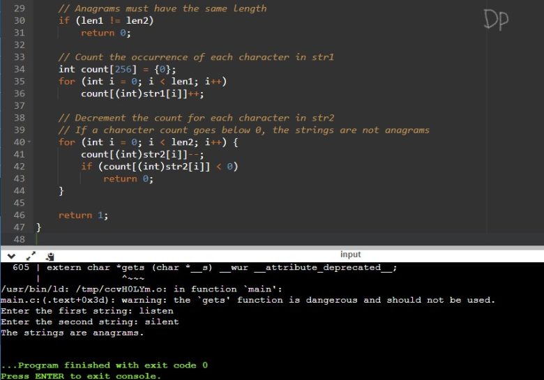 C Program to Check whether two Strings Are Anagrams