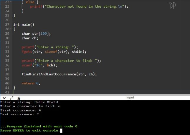 C Program to Find First and Last Occurrence of Character in a String