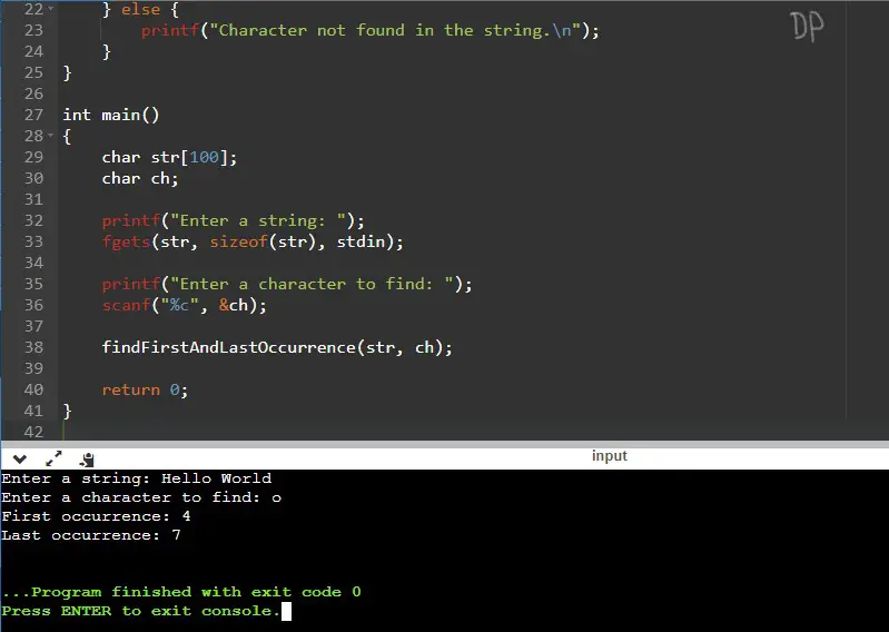C Program To Find First And Last Occurrence Of Character In A String