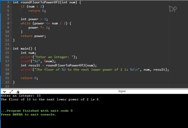 C Program to Round Floor of Integer to Next Lower Power of 2
