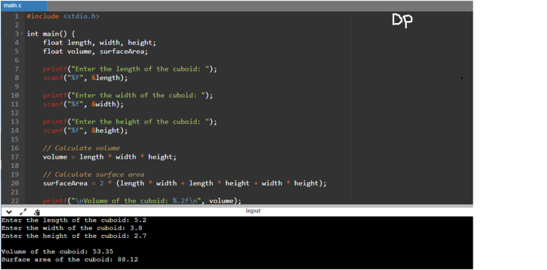 C Program to Find Volume and Surface Area of Cuboid