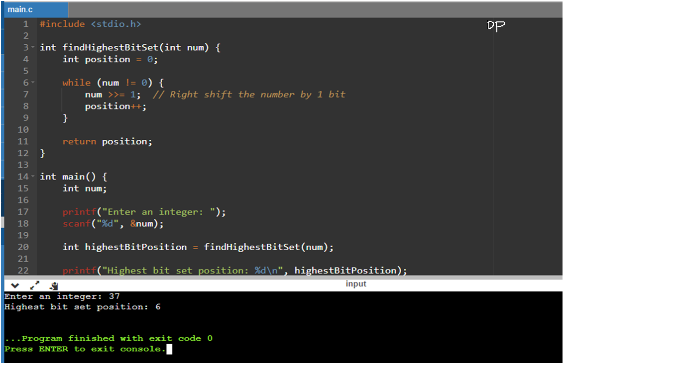 C Program to Find the Highest Bit Set for any Given Integer C Program to Find the Highest Bit Set for any Given Integer