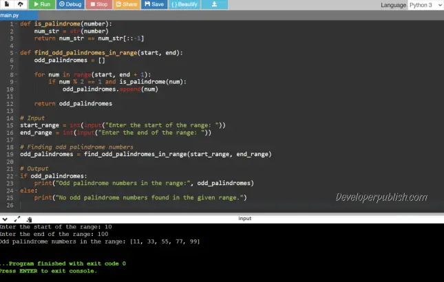 Python Program To Find All Odd Palindrome Numbers In A Range Without