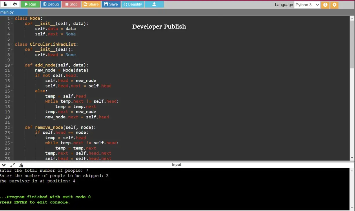 Python Program To Solve Josephus Problem Using Linked List
